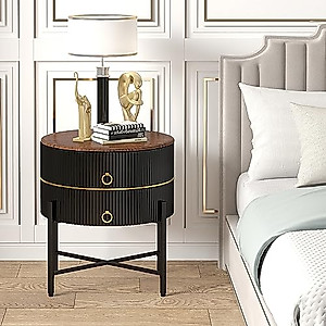 O&K FURNITURE Black Round Side Table for Living Room, Modern End Table with 2 Drawers, Metal Legs Nightstand for Bedroom, Black & Brown