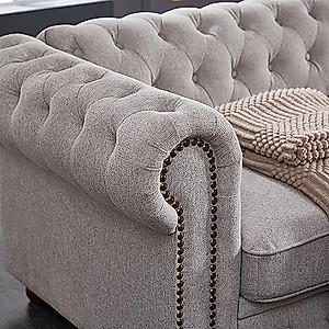 ERYE 88.5" 3-Seaters Chesterfield Sofa&Couch, Clasic Luxury Roller Armrest Special Wood Legs Sectional,Button Tufted Linen Upholstered Modular Sofa Couch with Removable Cushions & Nailhead Decor