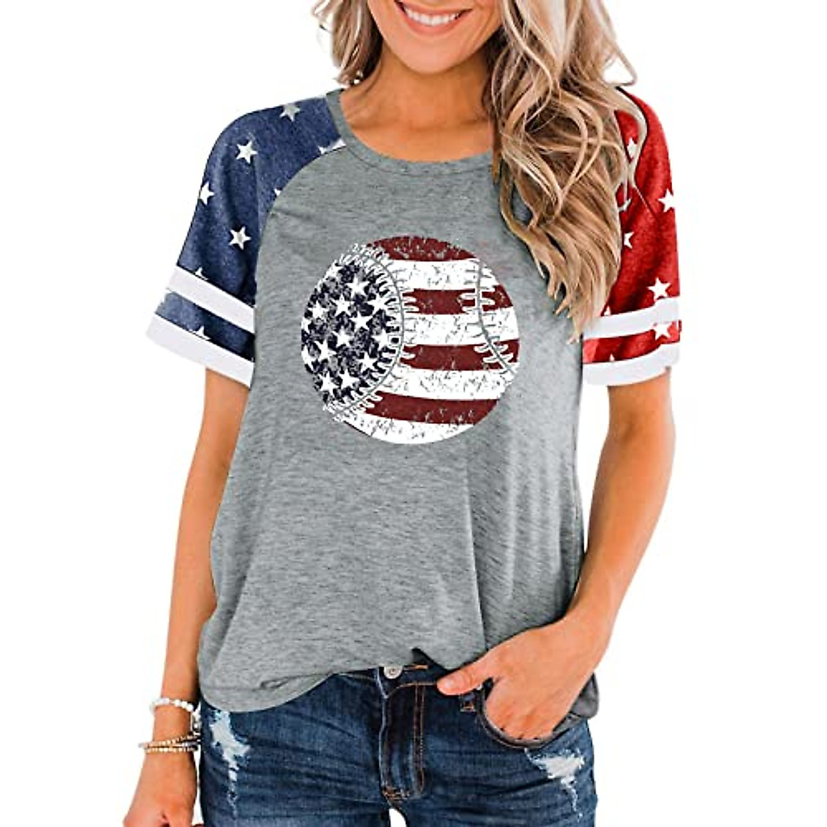 UNIQUEONE Women's American Flag Baseball Printed T-Shirt O-Neck Short Sleeve Causal Tops