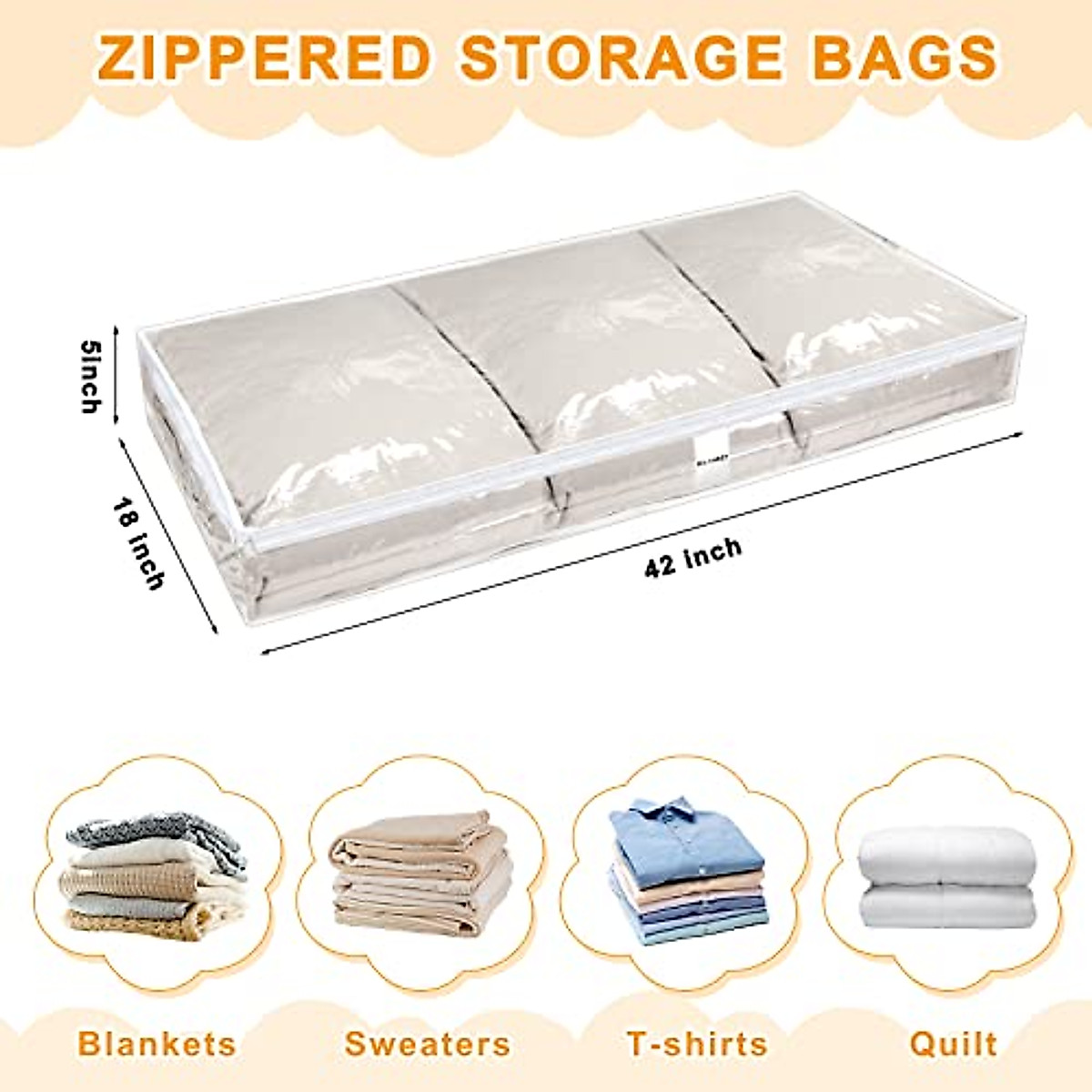 6 Pieces Clear Zippered Storage Bags Underbed Containers 70L Clothes Sweater Sheet Bags Wrapping Paper Bags PVC Transparent Toy Closet Drawer with Handles for Linen Bedding Comforters Blanket Pillow