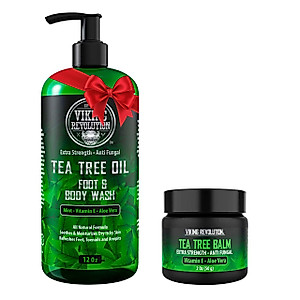 Viking Revolution Skin Cleaning Agent Tea Tree Kit for Men - Tea Tree Oil Set with Body Wash & Balm - Hydrating, Helps Athlete's Foot, Jock Itch, Eczema & Body Odors - Extra Strength, 2 Piece Set