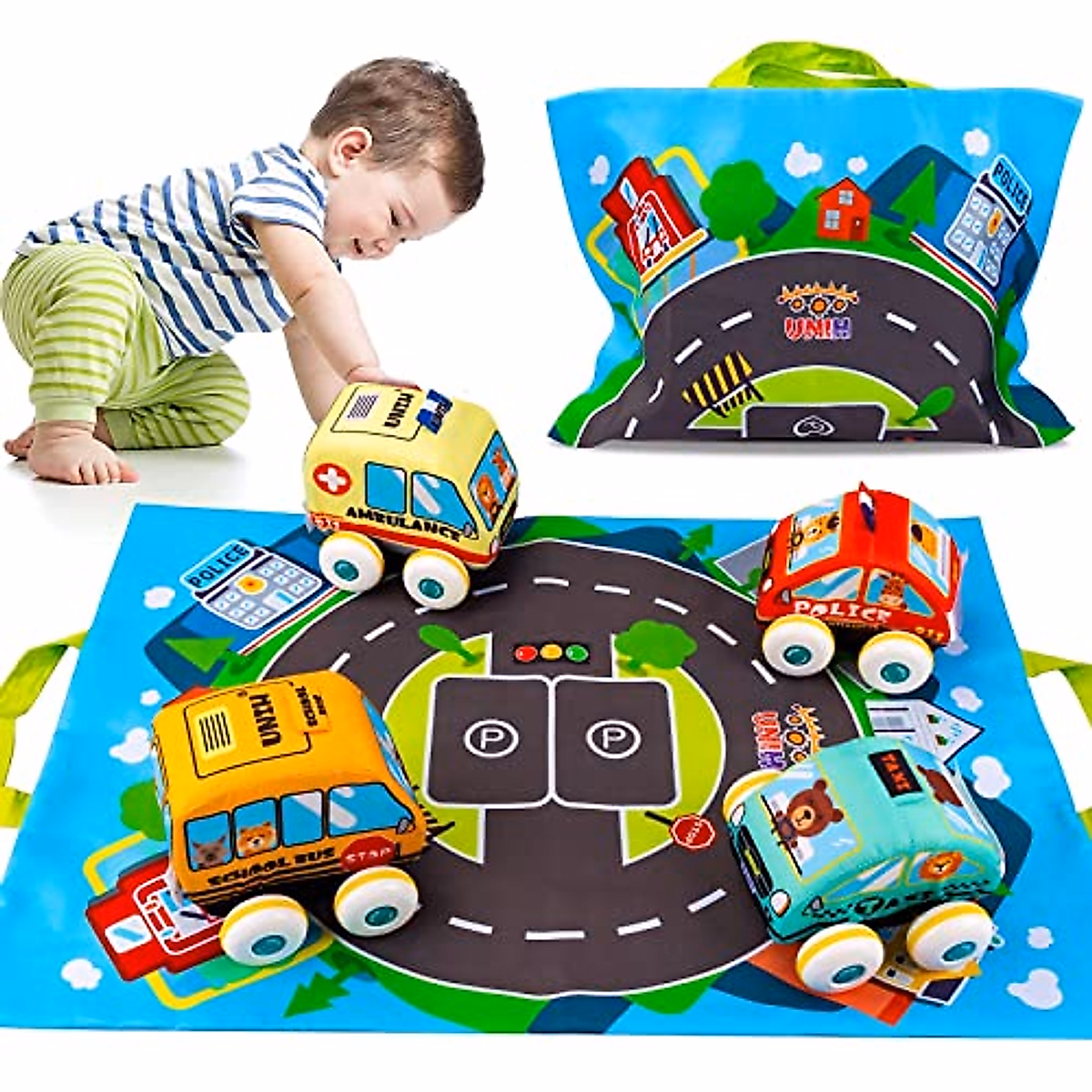 UNIH Car Toys for 1 Year Old Boy, Soft Baby Toys Set Pull Back Vehicle Car Set Birthday Gifts Toys for Baby Toddlers Age 1 2 3 Year Old