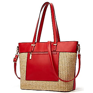 Women Tote Bags Straw Beach Top Handle Satchel Handbags PU Faux Leather Shoulder Purse