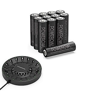 POWEROWL 16 Bay AA AAA Battery Charger (Updated, High Speed Charging) with Smart LED Light and Plug, Rechargeable AA Batteries 2800mAh -12 Count, for Solar Garden Lights, Battery String Lights, Outdoo