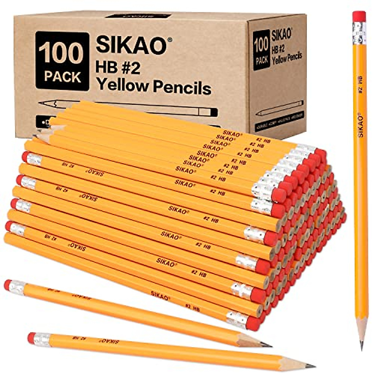 Sikao Pencils #2 Wood Pencils Bulk for Classroom, Wooden Pencils, Number 2 Pencils, No 2 Pencils with Erasers, Yellow HB Pencil for Kids Sketching Drawing School Teacher Supplies (Pack of 100)