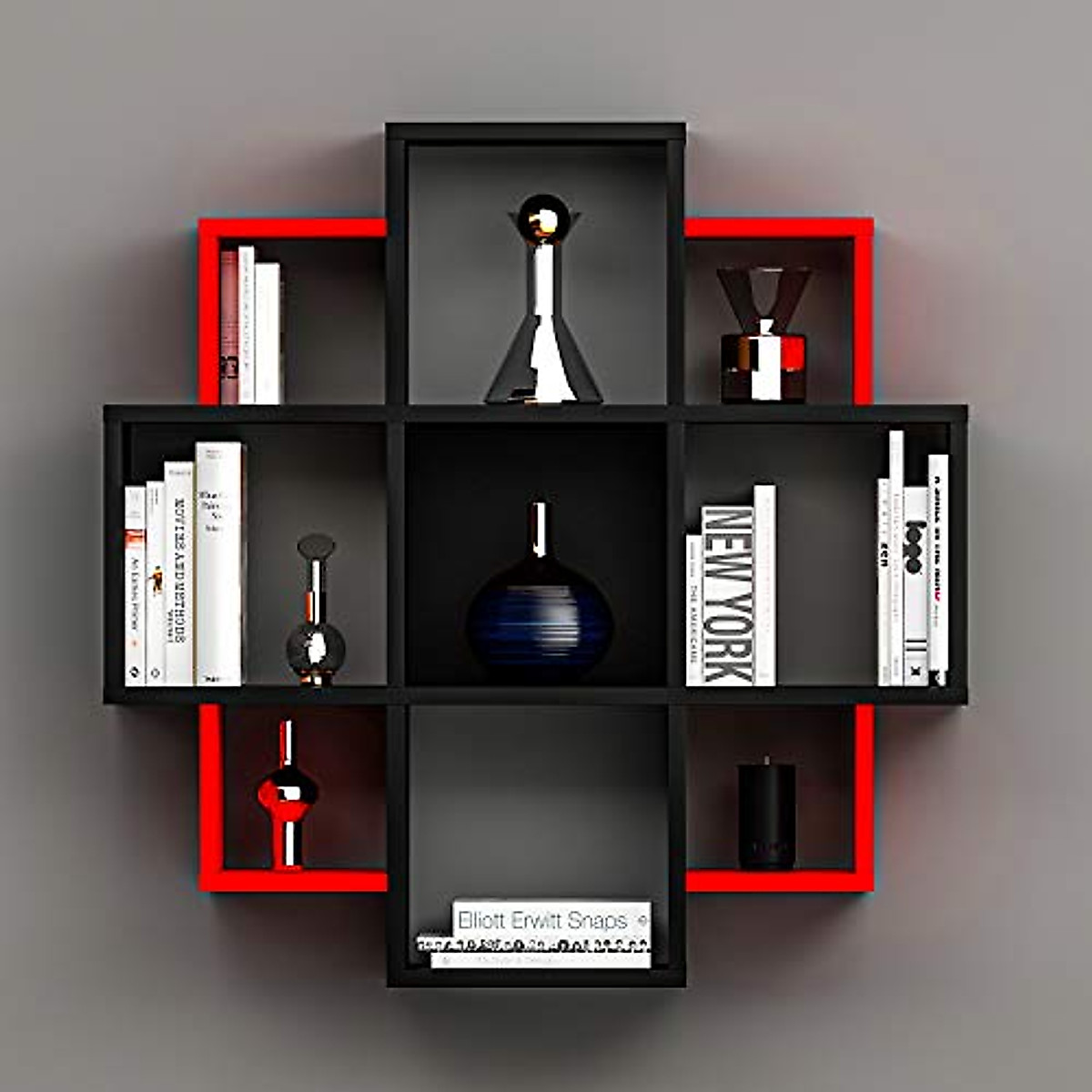 HOMIDEA Bloom Wall Shelf - Bookcase - Book Shelf - Floating Shelf for Living Room Decoration in Modern Design (Black/Red)