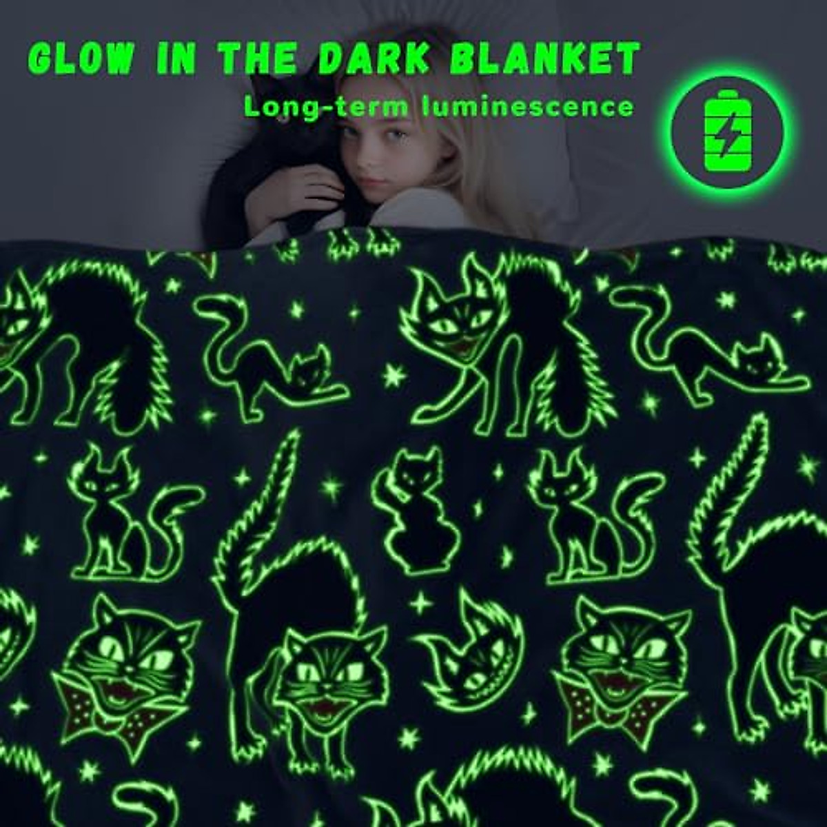 Halloween Blanket Soft Fleece Black Cat Throw Blanket Glow in The Dark Blanket Toys Decor for Kids Boys Girls Teens Birthday