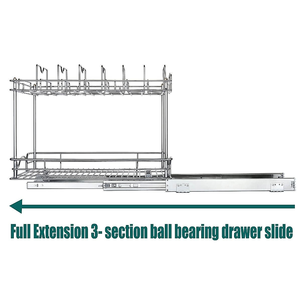 OCG 2 Tier Pull Out Cabinet Organizer for Lid Cookware (11" W x 18" D), Slide Out Kitchen Cabinet Shelves, 2 in 1, Chrome Finish