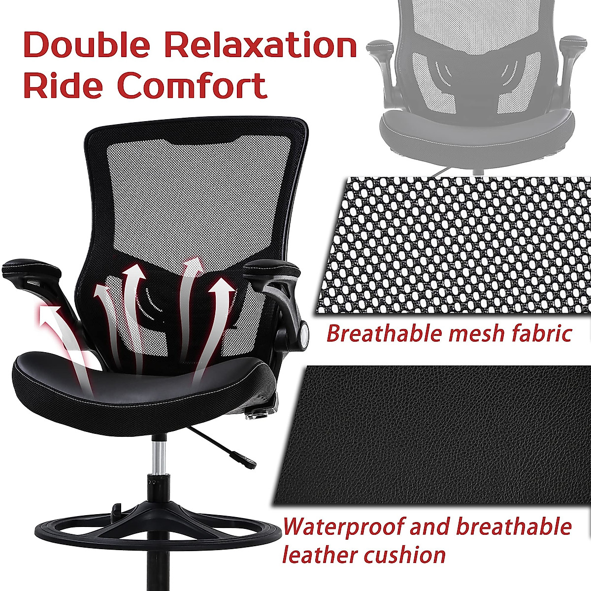 FDW Drafting Chair Mid-Back Mesh Tall Office Chair with Flip-Up Arms Desk Chair with Ergonomic Lumbar Support Foot Ring,Black