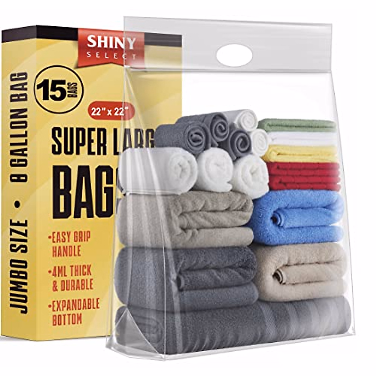 [ 15 count ] Jumbo Bags - DOUBLE ZIPPER - Storage Bag with Carry Handles - Extra Large 22x22" - 8 Gallon Clear Heavy Duty 4 Mil Plastic with Zipper Top for Clothing (22" x 22")