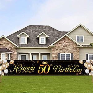 Mocossmy Happy 50th Birthday Yard Banner,9.8x1.6 Ft Large Black Gold Happy Birthday Yard Sign Porch Photography Background Backdrop for Women Men Gifts Home Outdoor Birthday Party Supplies Decoration