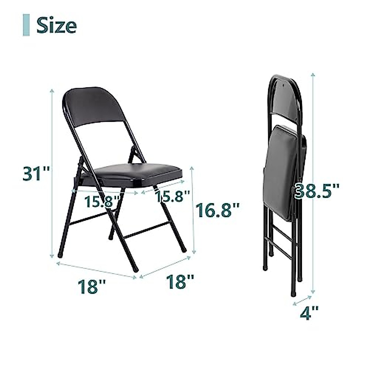 Nazhura 4 Pack Folding Chairs with Padded Cushion and Back, Khaki Metal Chairs with Comfortable Cushion and Durable Steel Frame for Home and Office, for Indoor and Outdoor Events (Black, 4 Pack)