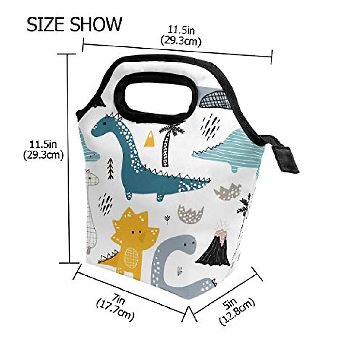 OREZI Childish Cute Dinosaur Lunch Bag for Kids,Waterproof Insulated Neoprene Lunch Tote Soft Bento Cooler Thermal Bags for School Work Pacnic Outdoor