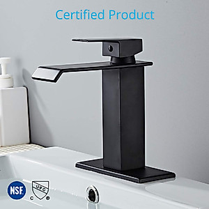 Wovier Matte Black Waterfall Bathroom Sink Faucet with Cover Plate,Single Handle Single Hole Brass Lavatory Vanity Faucet,Basin Mixer Taps with Supply Hose