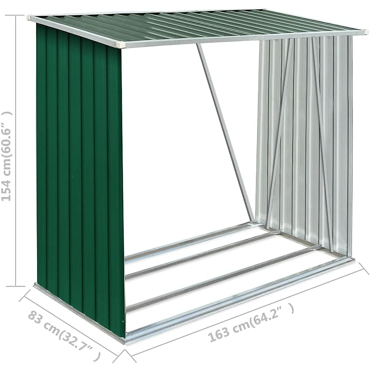 vidaXL Garden Firewood Storage Shed- Galvanized Steel Green Log Shed- Compact Outdoor Wood Storage Solution- 64.2"x32.7"x60.6"- Durable and Easy to Assemble
