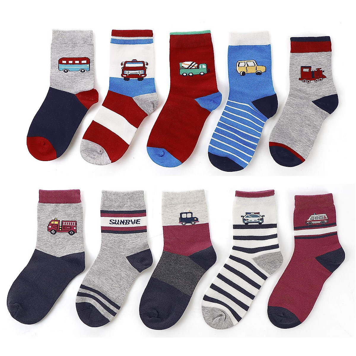 SUNBVE 10 Pack Toddler Little Boys Vehicles Cute Cotton Ankle Socks