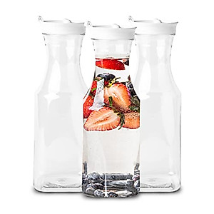 Party Bargains 34 Oz. Water Carafe with Flip Tab Lids - [3 Pack] White Premium Quality & Heavy Duty Square Base Carafe with Lids - Excellent for Milk, Water, Iced Tea, Juice, Cold Brew, Mimosa Bar