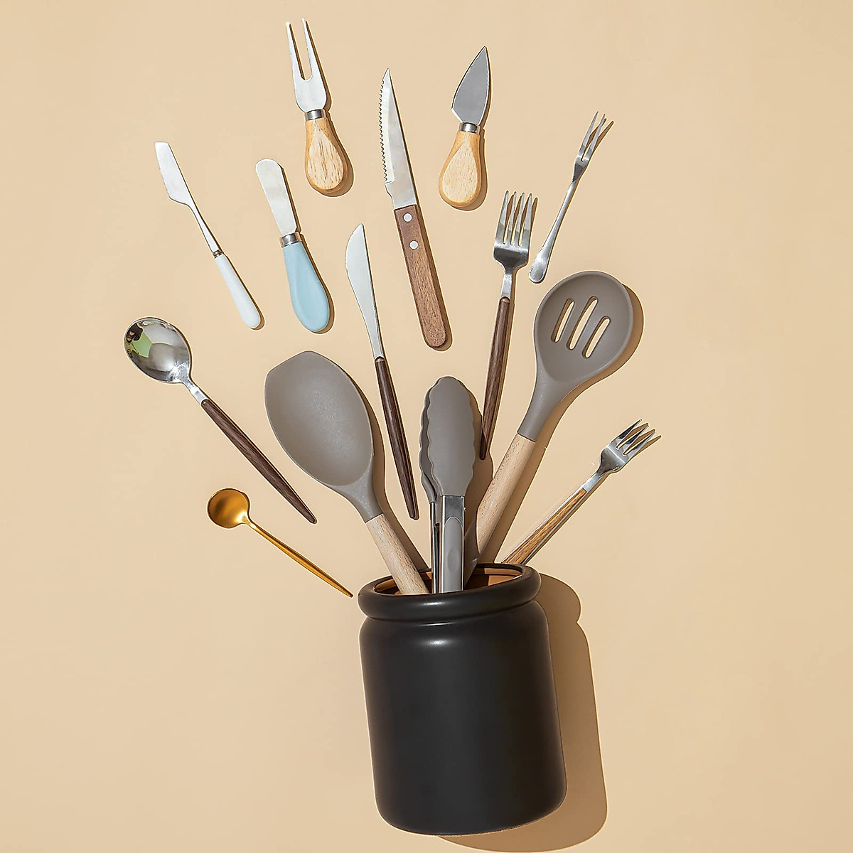 LIFVER Kitchen Utensil Holder, Heavy Ceramic Utensil Crock, 6.5" Cooking Utensil Holder, Utensil Organizer for Countertop, Kitchen Gifts, Farmhouse Kitchen Decor, Scratch Cork Bottom, Black