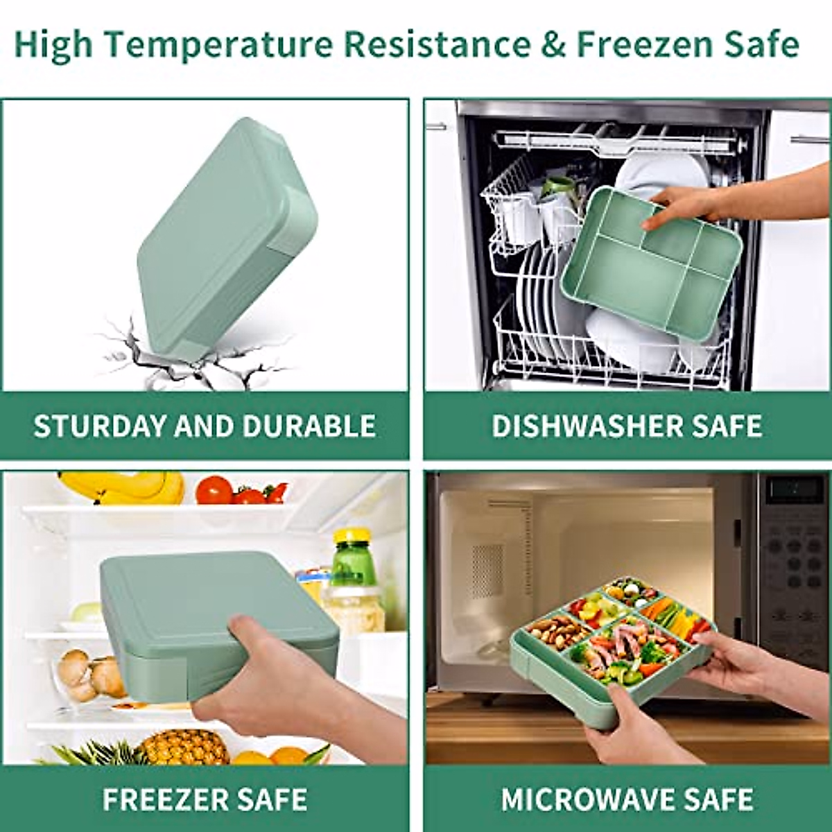 Vensp Bentobox,Kid Lunch Box, Bento Box Adult Lunch Box,Lunch Box Container for Kids/Adults/Toddler,1330ml-6 Compartments&Utensiles, Leak Proof,Microwave/Dishwasher/Refrigerator Safe(Green)