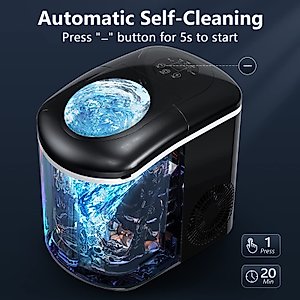 Ice Maker Machine for Countertop - Portable Ice Cube Maker delivers 24 Ice Cubes in 15 Min, 33Lbs/24H, Self-Cleaning, Ice Scoop & Basket, LCD Display, Visible Window, for Home Use/Party/Camping, Black
