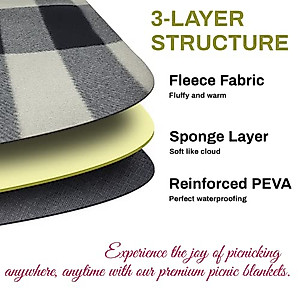 PortableAnd Extra Large Picnic & Outdoor Blanket for Water-Resistant Handy Mat Tote Spring Summer Great for The Beach,Camping on Grass Waterproof Sandproof, Black and Gray Checkered
