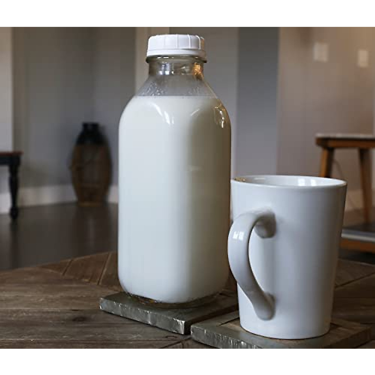 The Dairy Shoppe Heavy Glass Milk Bottle Jugs with Lids and Pour Spouts (2 pack, Liter/33.8 oz)
