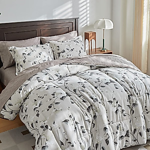 Botanical Comforter Sheet Set White Flower Bed in a Bag 7 Pieces Queen Size Bedding Set (1 Comforter 2 Pillow Shams 1 Flat Sheet 1 Fitted Sheet 2 Pillowcases)