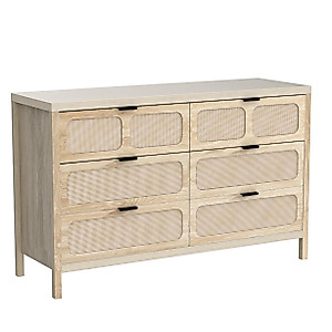 QEIUZON 6 Drawer Dresser, Modern Rattan Dresser Chest with Wide Drawers and Metal Handles, Farmhouse Wood Storage Chest of Drawers for Bedroom, Living Room, Hallway, Entryway (Natural-6 Drawers)