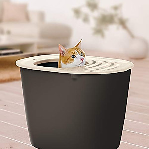 Richell PAW TRAX Top Entry Cat Litter Box in Brown, Hooded Cat Litter Pan with Scoop