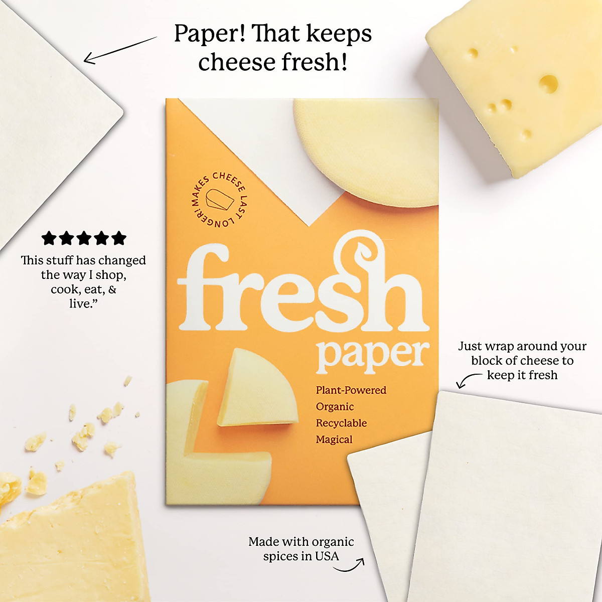 THE FRESHGLOW Co FRESHPAPER Food Saver Sheets for Cheese, 8 Reusable Sheets (1 Pack), Keeps Cheese Fresh for 2-4x Longer- Made in the USA