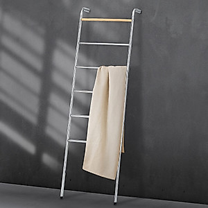 MyGift 6 Rung Silver Chrome Plated Metal Wall Leaning Bath Towel Storage Ladder, Freestanding Bathroom Drying Rack for Towels with Top and Bottom Non Slip Rubber Feet