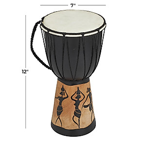 Deco 79 Wood Drum Handmade Decorative Sculpture Djembe Home Decor Statue with Rope Accents, Accent Figurine 6" x 7" x 12", Black