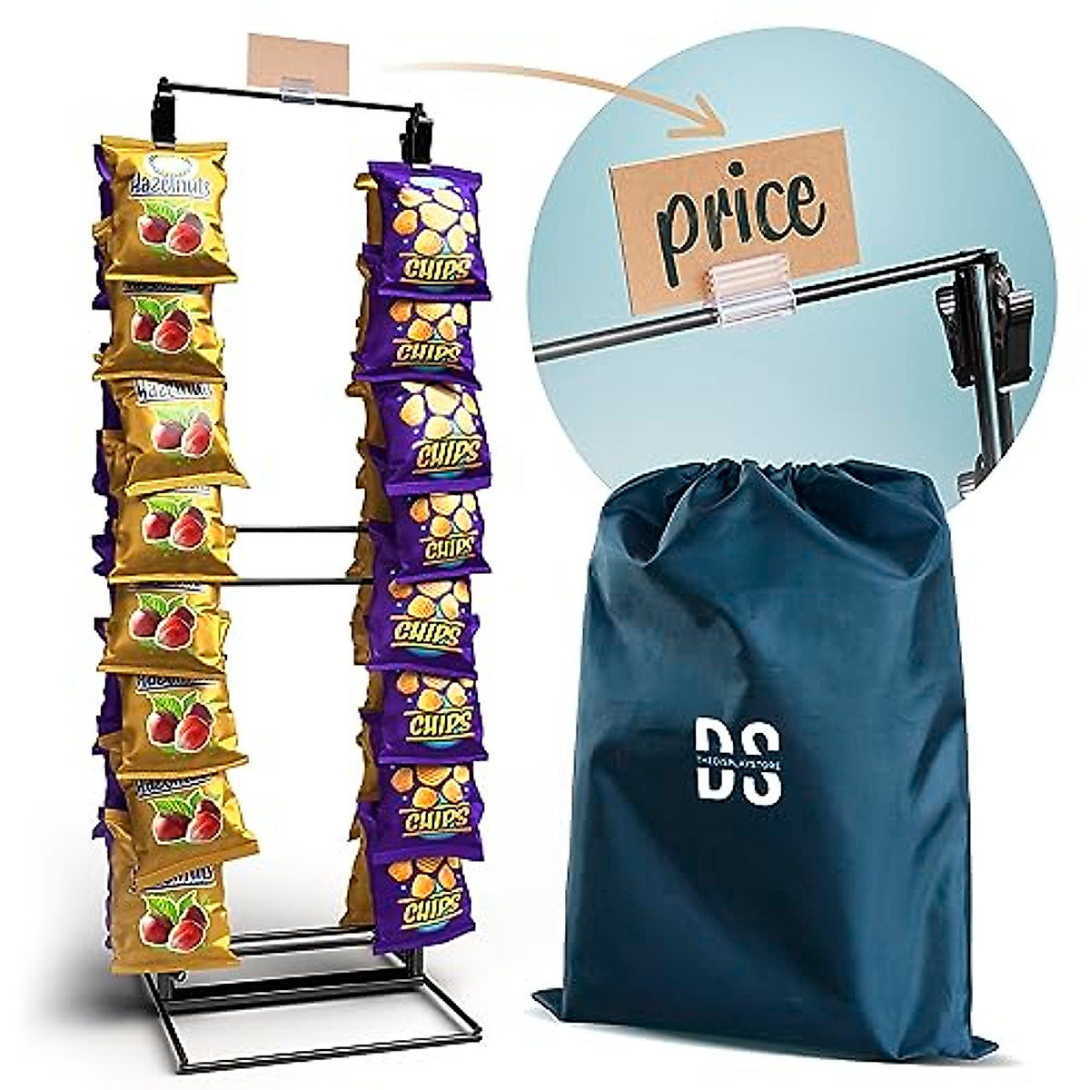 DS THE DISPLAY STORE Potato Chip Rack Display Stand with 32 Clips, 2-Row Chip Stand Display for Party, Countertop Chip Bag Holder, Black Snack Display for Counter, Snack Retail Display Rack