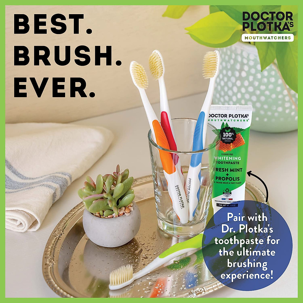 MOUTHWATCHERS Dr Plotkas Extra Soft Flossing Toothbrushes and Whitening Toothpaste Manual Soft Toothbrushes for Adults | Natural Toothpaste | Pack of 4 Toothbrushes and 2 Toothpastes, Colors May Vary