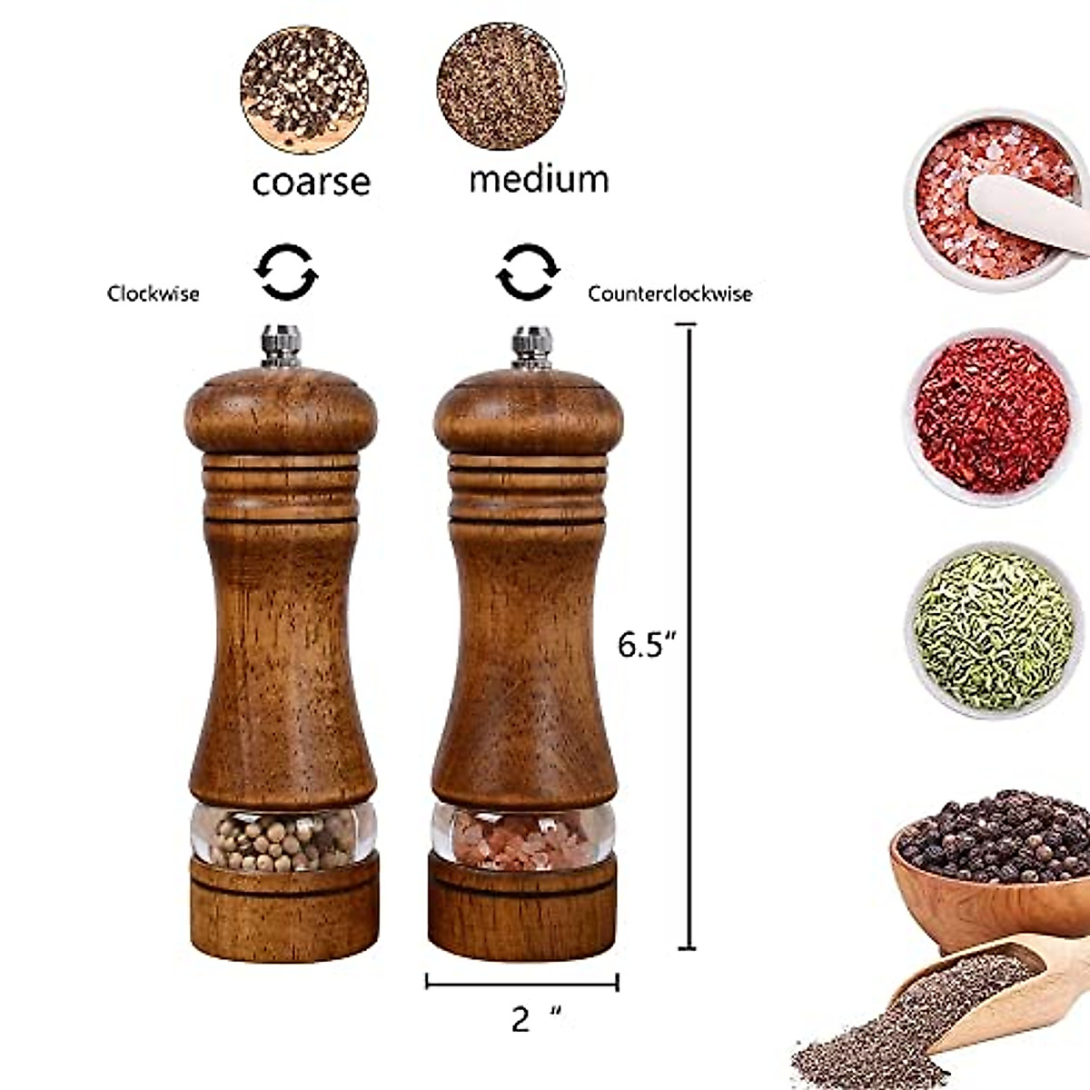 Funly mee 2 Pack Farmhouse Manual Wood Salt and Pepper Grinder Mills Sets, Refillable Mill Sets with Clear Acrylic Window - 6.5 In (6.5 inch Brown)