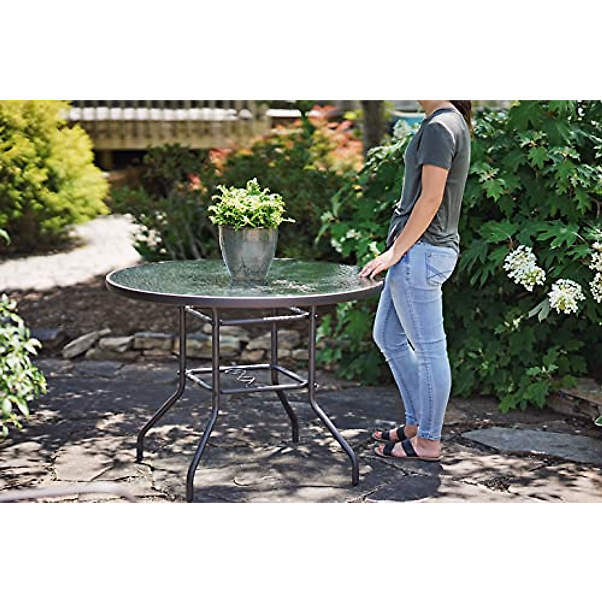 Garden Elements Sienna Metal Round Patio Glass Top Table, 40" (Brown)