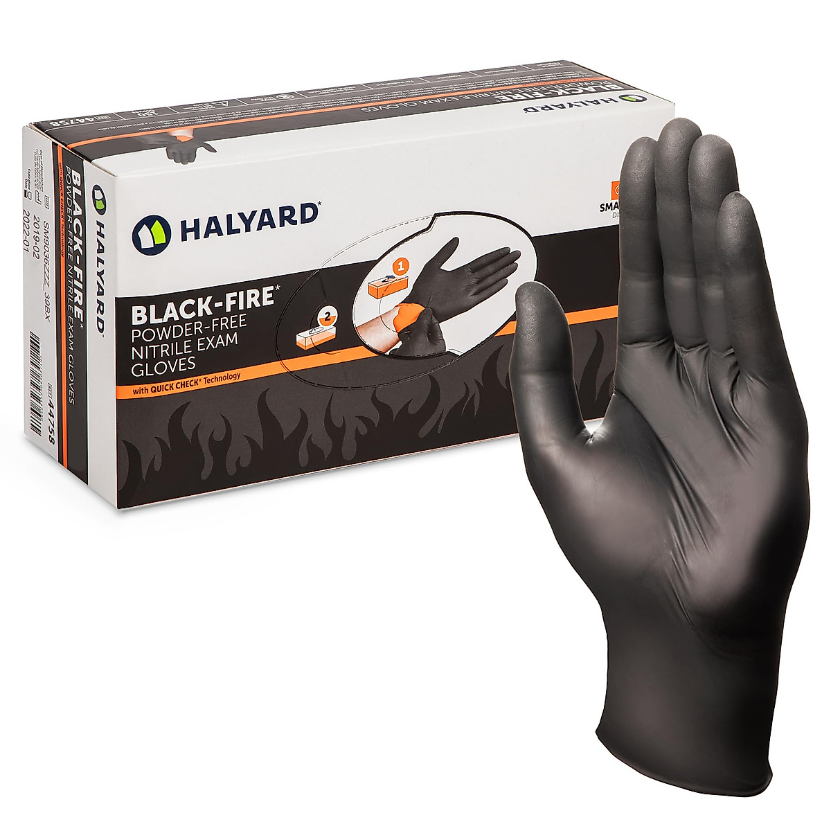 HALYARD BLACK-FIRE 44758 Powder-Free Nitrile Exam Gloves, L, Shape, Large, Black/Orange (Case of 1500)