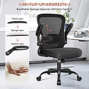 KERDOM Office Chair, Ergonomic Desk Chair with Adjustable Lumbar Support, Rolling Swivel Executive Computer Chair with Flip-up Armrest, Breathable Mesh Gaming Chair Home Office, Black Office Chair