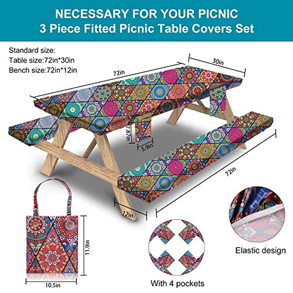Sotue Picnic Table Cover with Bench Covers 3 Piece Set Elastic Fitted Rectangle Tablecloths Camp Tables Seat Cloth Polyester Oilcloth Vinyl Clothes for Outdoor Waterproof Camping 72x30 Inch Multiple