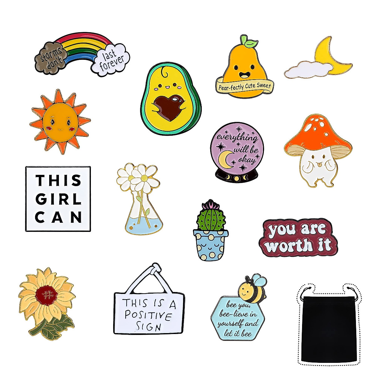 14 Pieces Positive Enamel Pins Set Motivational Enamel Lapel Pin Inspirational Cute Brooch Pin Badges for Women Clothing Bags Hats Decorations