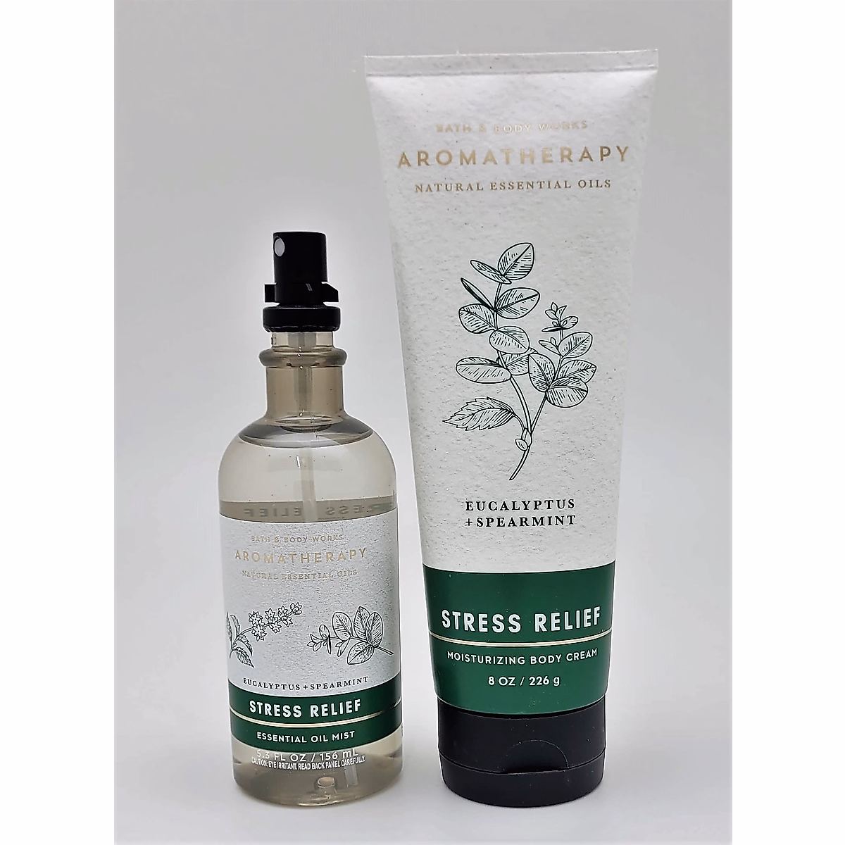 Bath & Body Works - Aromatherapy - Eucalyptus Spearmint – Stress Relief - 2 pc Bundle - Essential Oil Mist- 5.3 fl oz - & Body Cream - 8 oz