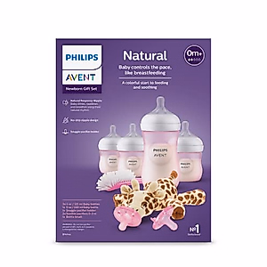 Philips Avent Natural Baby Bottle with Natural Response Nipple, Pink Baby Gift Set with Snuggle, SCD838/03