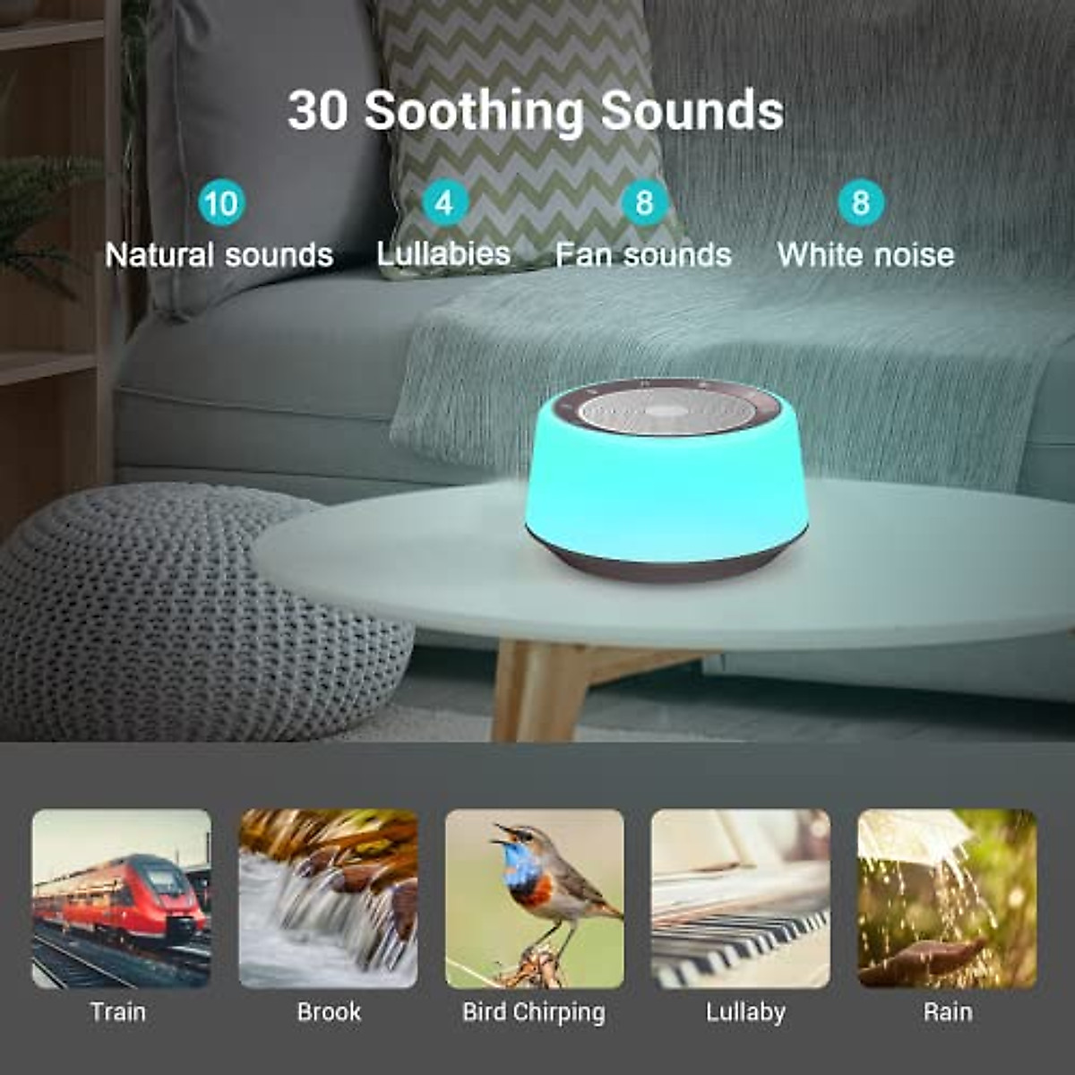 White Noise Machine with 30 Soothing Sounds and 7 Colors Warm Night Light for Sleeping, 5 Timers Portable Plug in Sound Machine for Baby, Adults