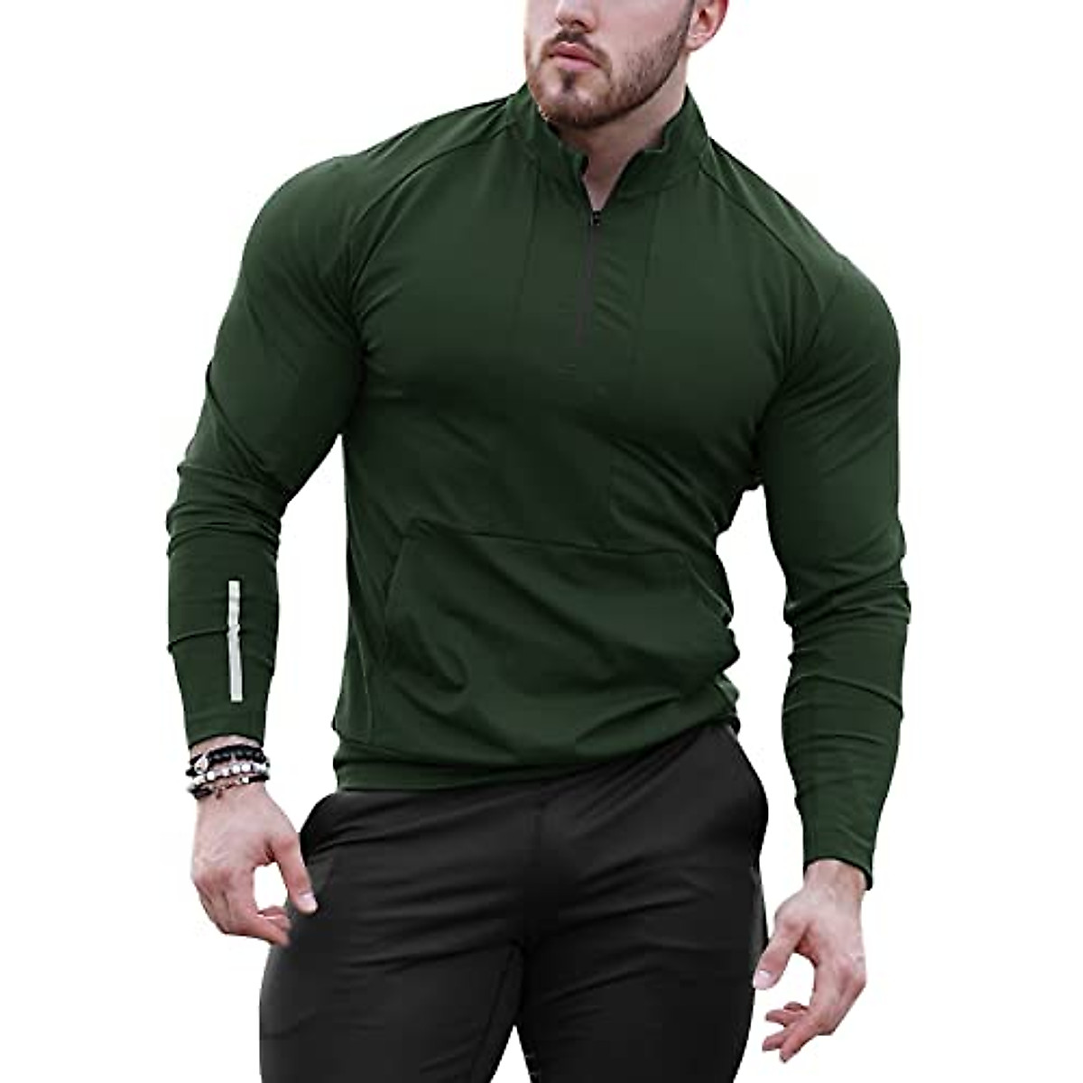Poriff Men's Active Dry-Fit Quarter Zip Long Sleeve Outdoor Running Performance Pullover Golf Workout Shirts Army Green S