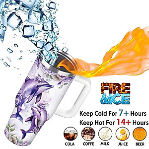 FOCIUZTA 40oz Tumbler with Lid, Insulated Cup, Travel Coffee Mug, Perfect Gift for Easter, Father’s Day, Mother’s Day, Birthdays, Elegant Purple Dolphin and Rose Design