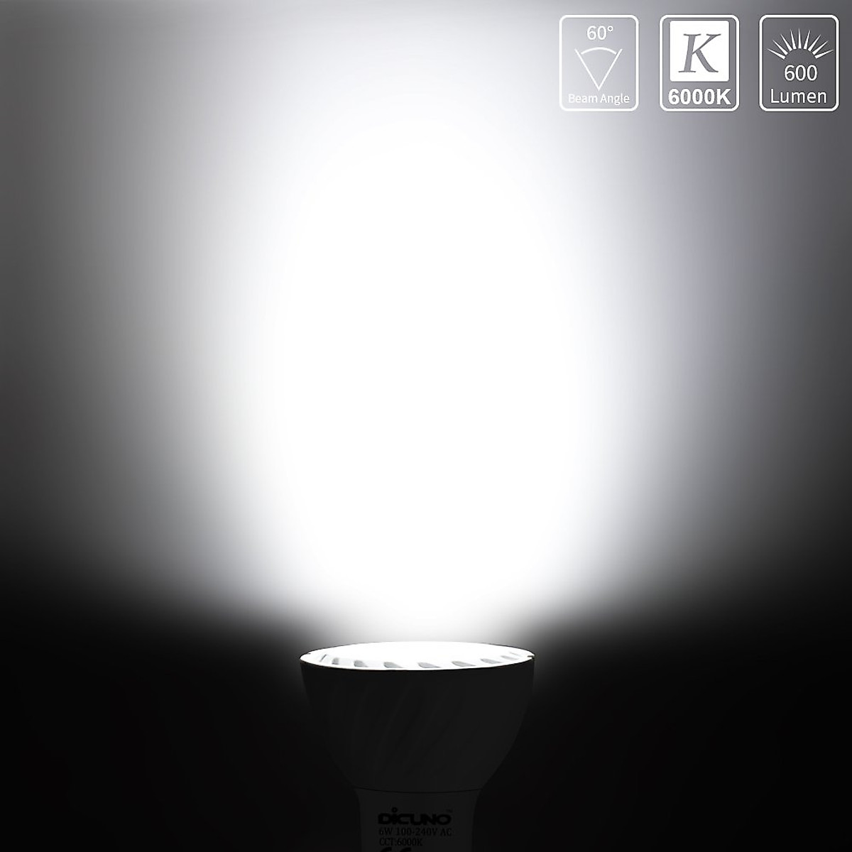 DiCUNO GU10 LED Light Bulb, 60W Halogen Bulbs Equivalent, 6W 600LM, 6000K Daylight White,100V-240V Non-dimmable GU10 Mr16 LED Bulbs, 10-Pack.