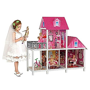 39'' Large Plastic Dollhouse with Big Furniture Kits, Doll House Dreamhouse Playhouse for Girls Kids Aged 3 4 5 6 7 8 9