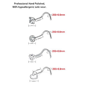 Kwoencxi 20G Nose Rings Stud Piercing Jewelry for Women 20 Gauge Surgical Stainless Steel Screw Twist Spiral L Shaped Bend Silver Nose Nostril Ring Stud Hook Piercing Jewelry Pack Set Men Diamond 2MM