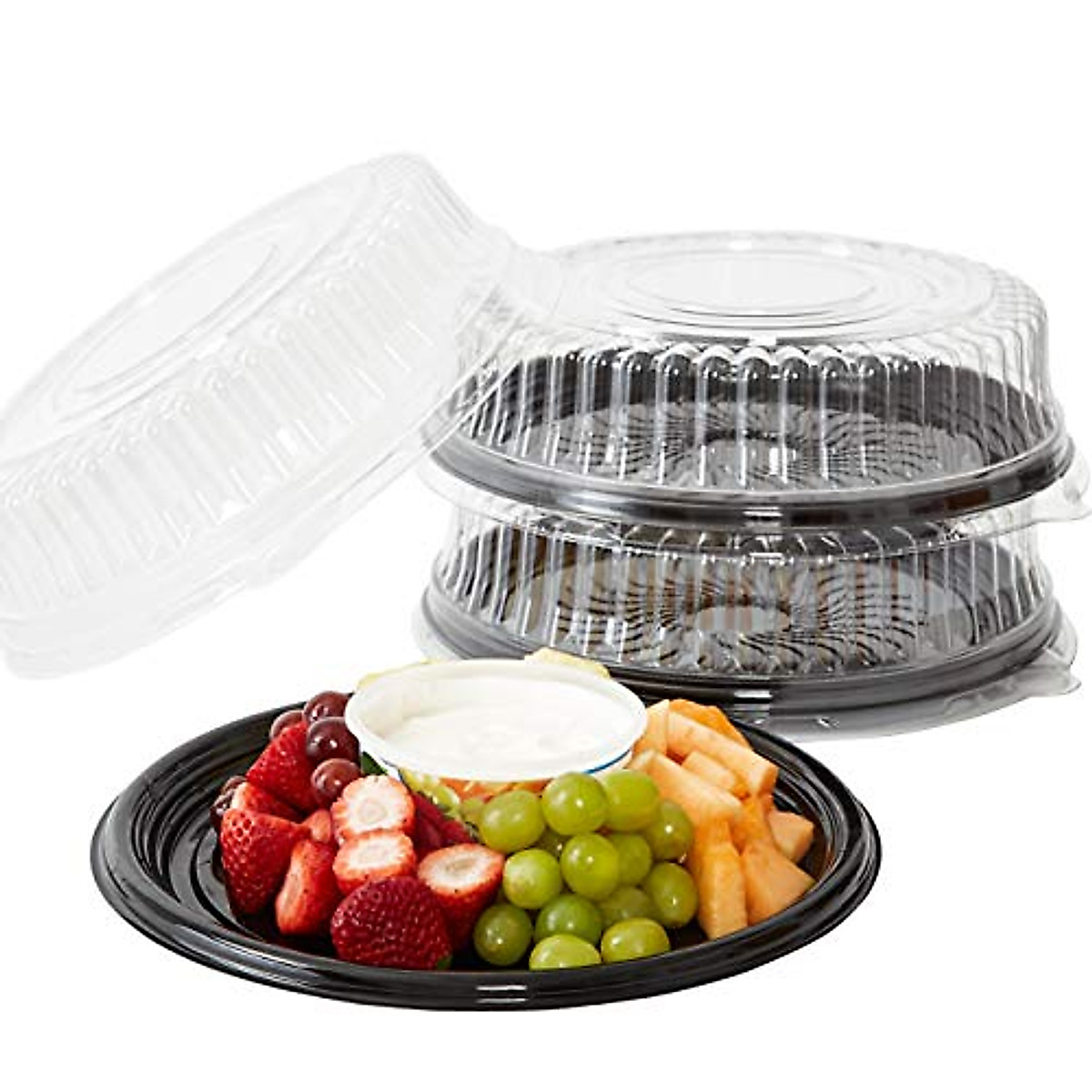 Avant Grub Heavy Duty, Recyclable 12 in. Serving Tray and Lid 3pk. Large, Black Plastic Party Platters with Clear Lids Dishware Plate, Elegant Round Banquet or Catering Trays for Serving