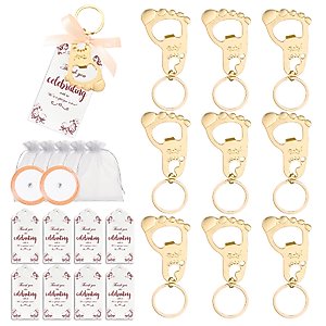 Uezea 48 Pieces Keychain baby shower favors Bottle Opener Gift Tag,Baby Foot Bottle Opener Gift Shower party decoration or souvenir guest（KC gold）